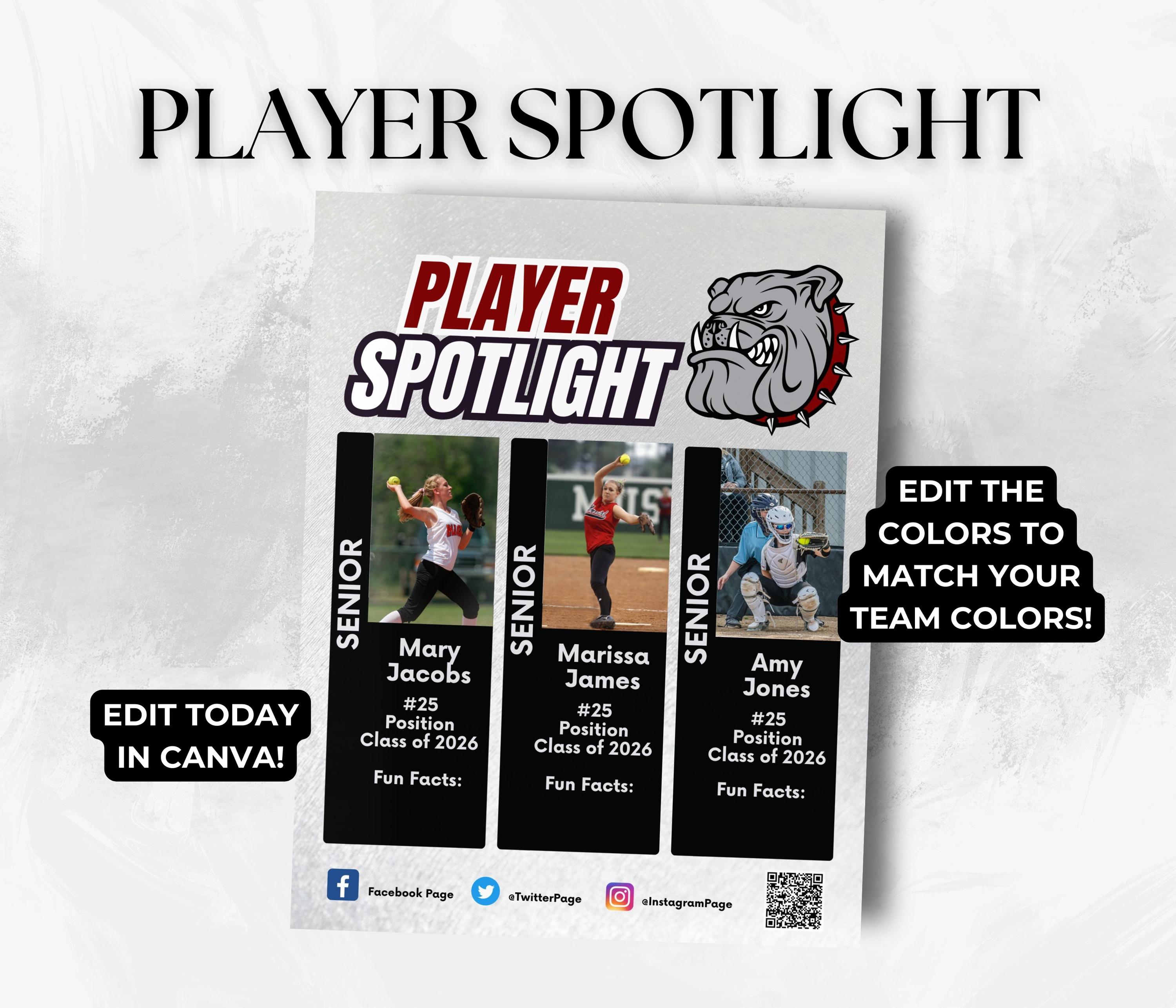 Editable Softball Player Spotlight Team Roster Canva Template Softball ...