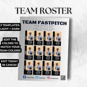 Editable Softball Team Roster Canva Template Football Team Player ...