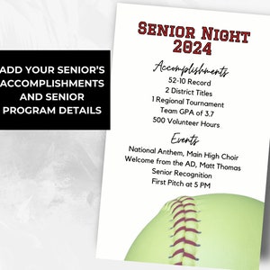 Softball Senior Night Program Canva Template Senior Game Girls Softball ...