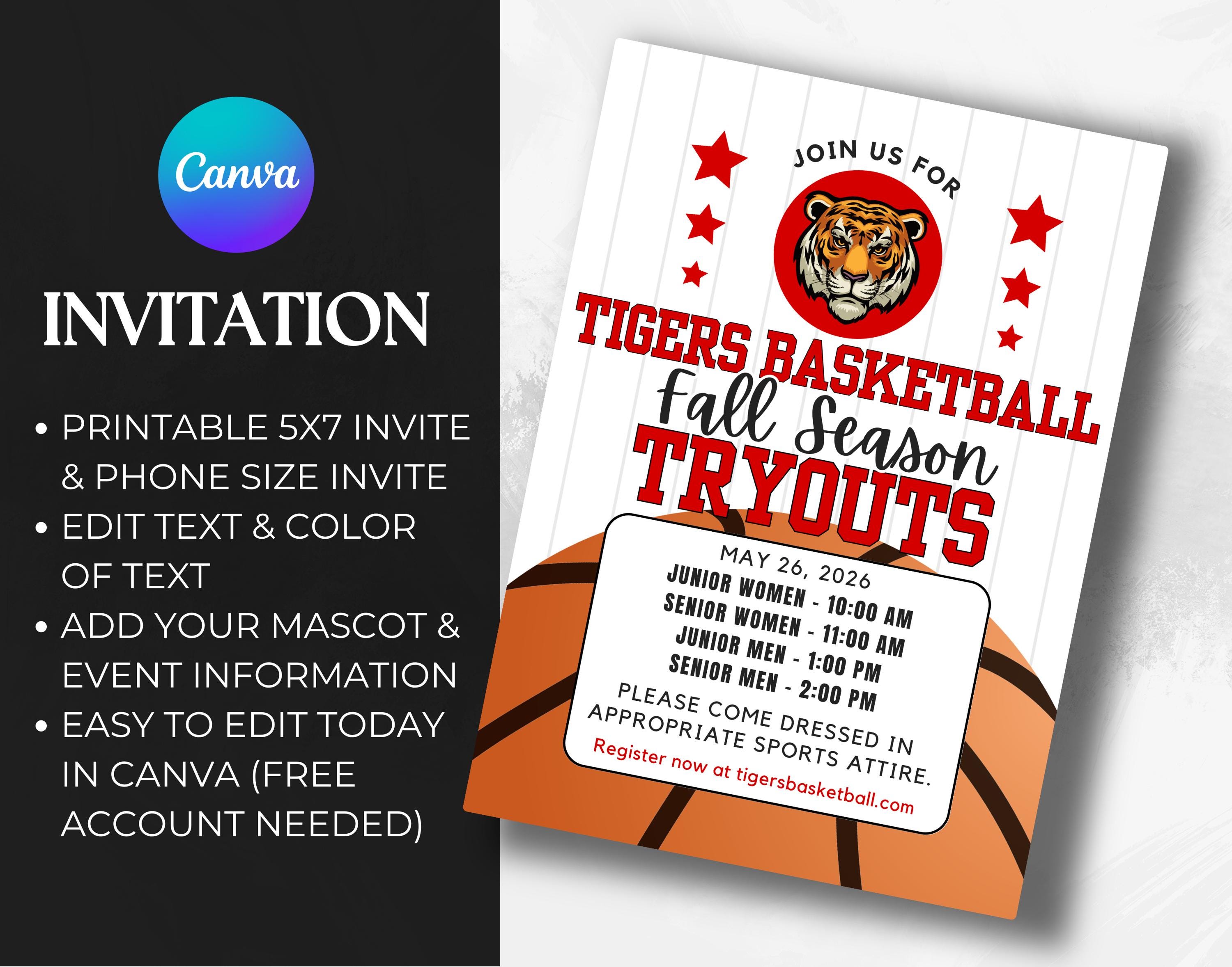 Basketball Team Tryout Invitation Canva Template Editable Sport Tryout ...