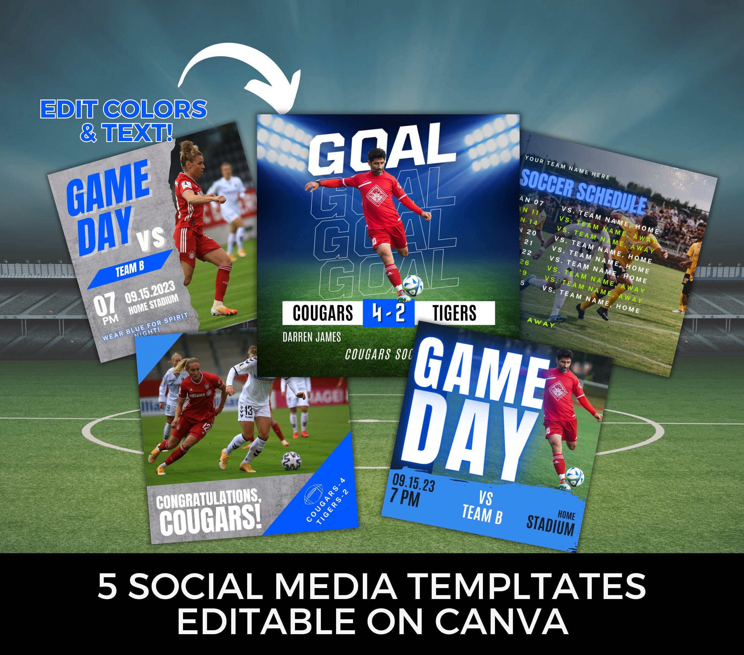Editable Soccer Social Media Graphics Template DIY Canva Soccer Team ...