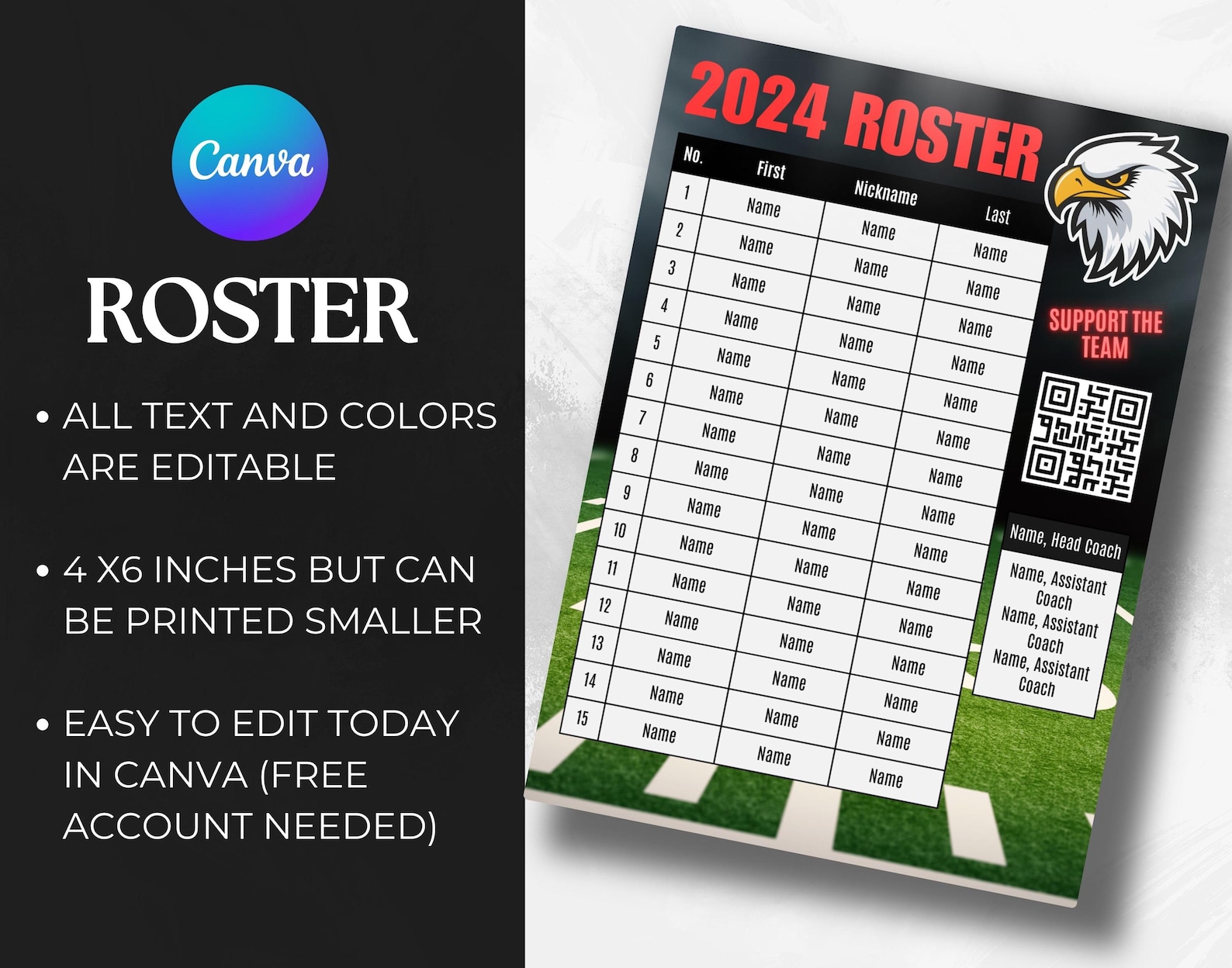 Editable Football Team Roster Canva Template Football Team Player ...