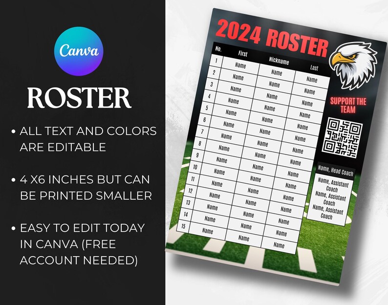 Editable Football Team Roster Canva Template Football Team Player ...