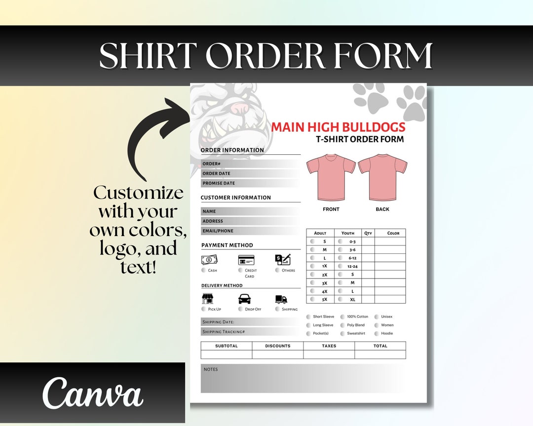 Editable Tshirt Order Form, School T-shirt Order Form, School PTO ...