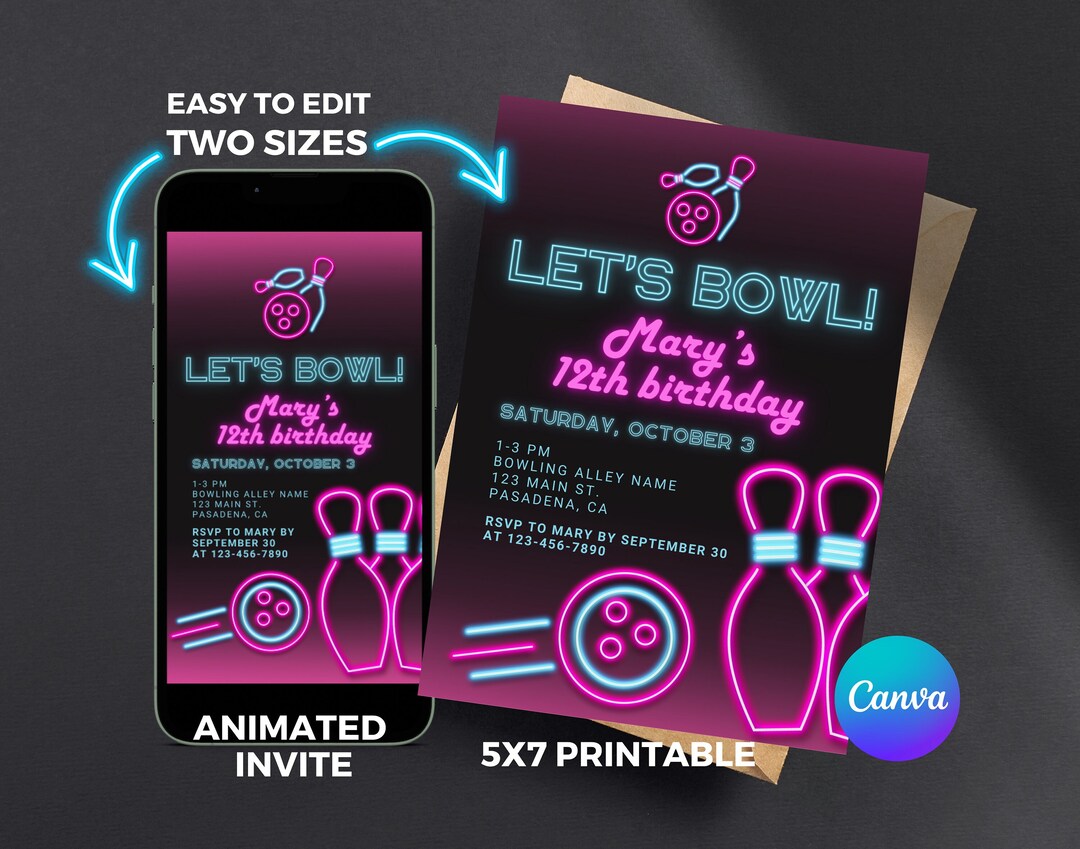 Animated and Printable Bowling Birthday Phone Invitation Neon Bowling ...