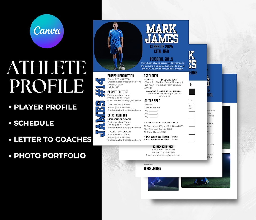 Soccer Athlete Profile Sheet Photo College Recruiting Editable Canva Template Camps Showcases ...