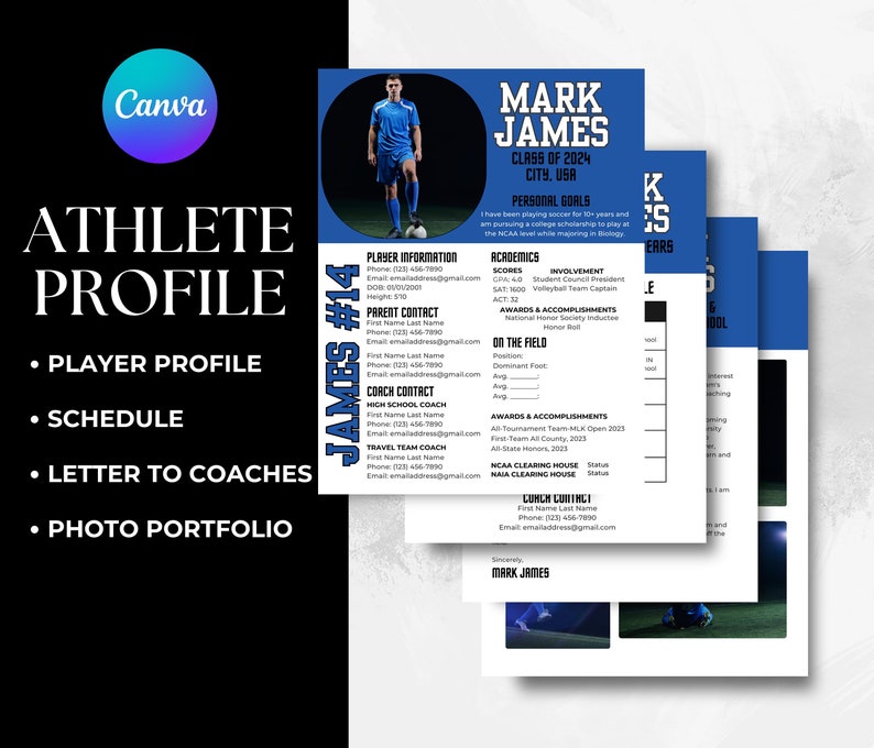 Soccer Athlete Profile Sheet Photo College Recruiting Editable Canva ...