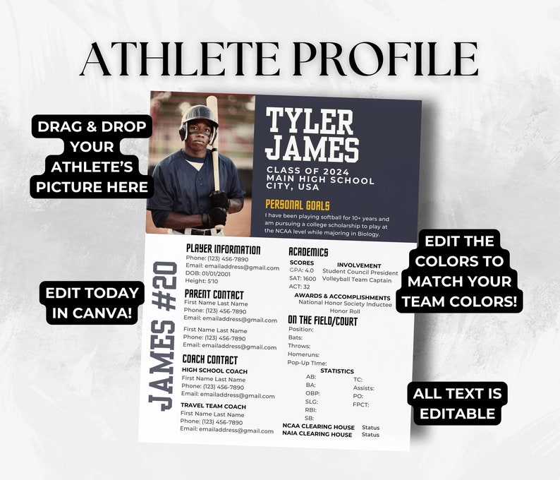 Baseball Athlete Profile Sheet Photo College Recruiting Editable Canva ...