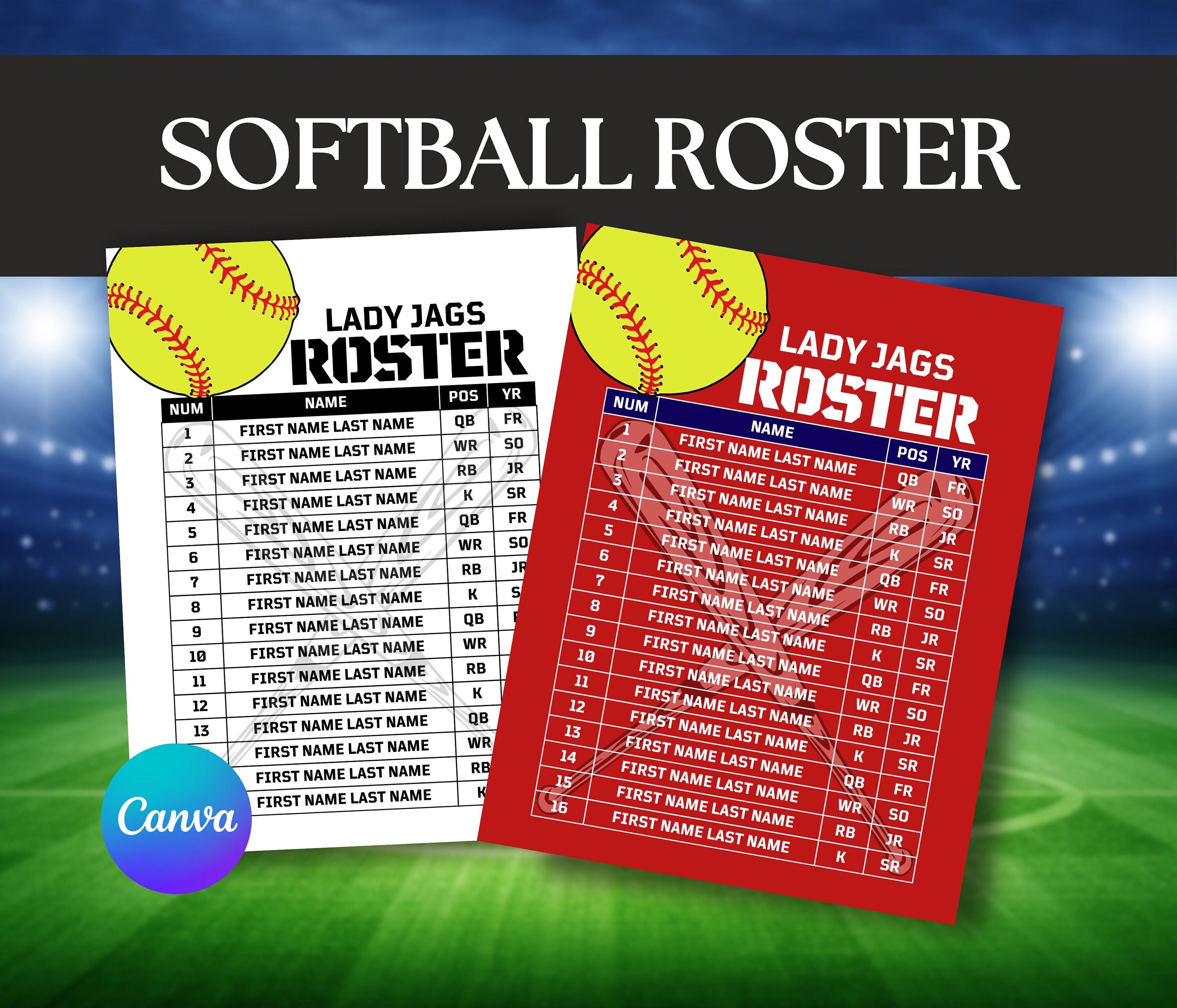 Editable Softball Team Roster Canva Template Softball Team Player ...
