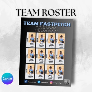 Editable Softball Team Roster Canva Template Football Team Player ...