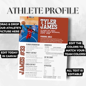 Basketball Athlete Profile Sheet Photo College Recruiting Editable ...