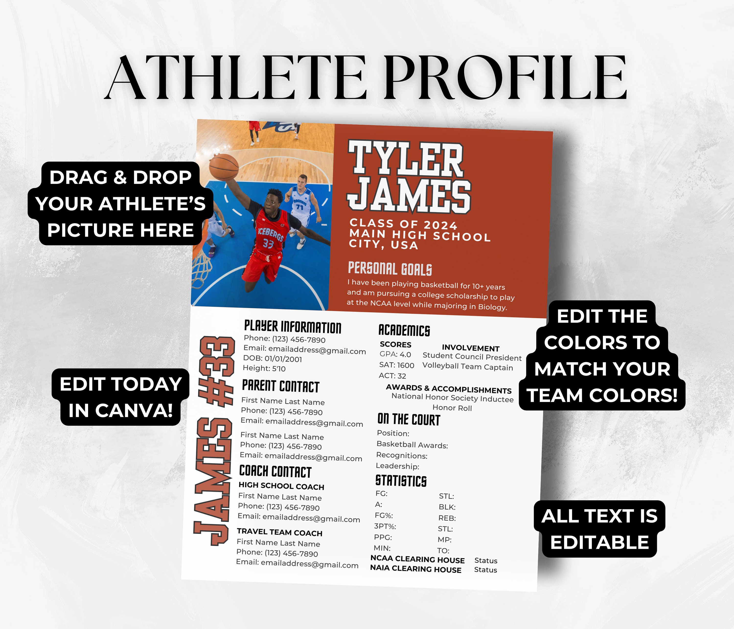 Basketball Athlete Profile Sheet Photo College Recruiting Editable ...