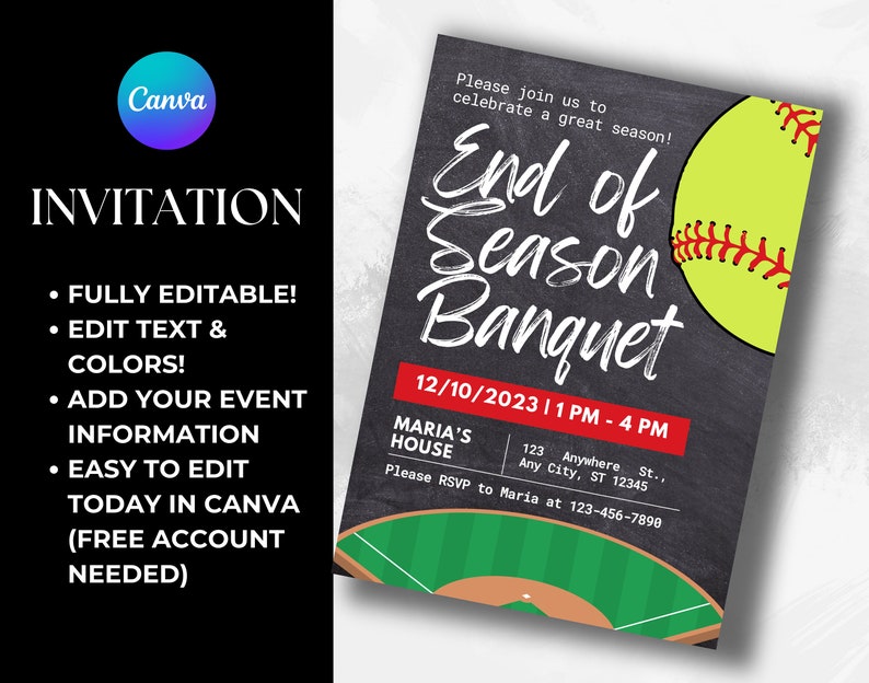 Printable Softball Team End of Season Sports Banquet Invitation Canva ...