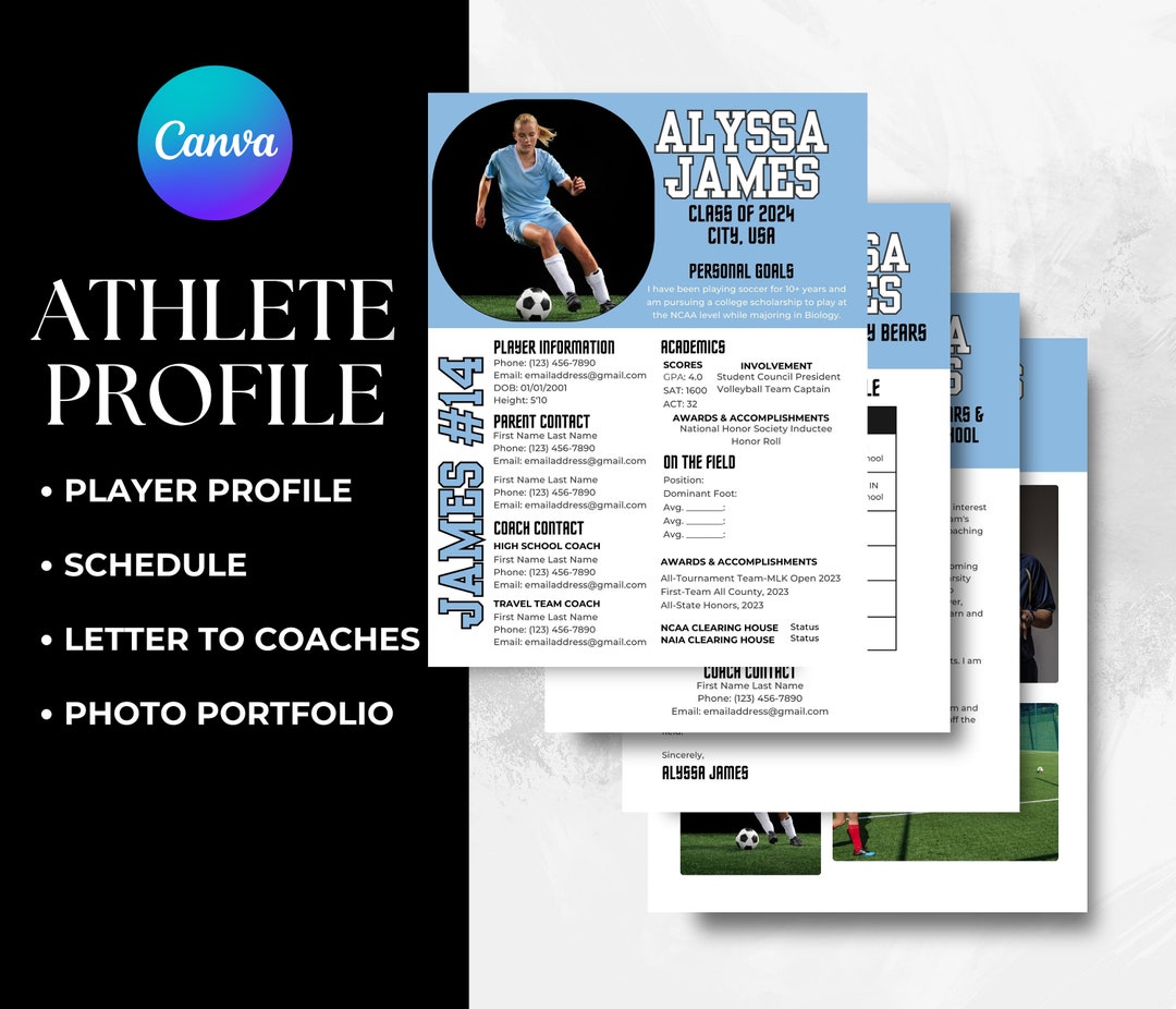 Soccer Athlete Profile Sheet Photo College Recruiting Editable Canva ...