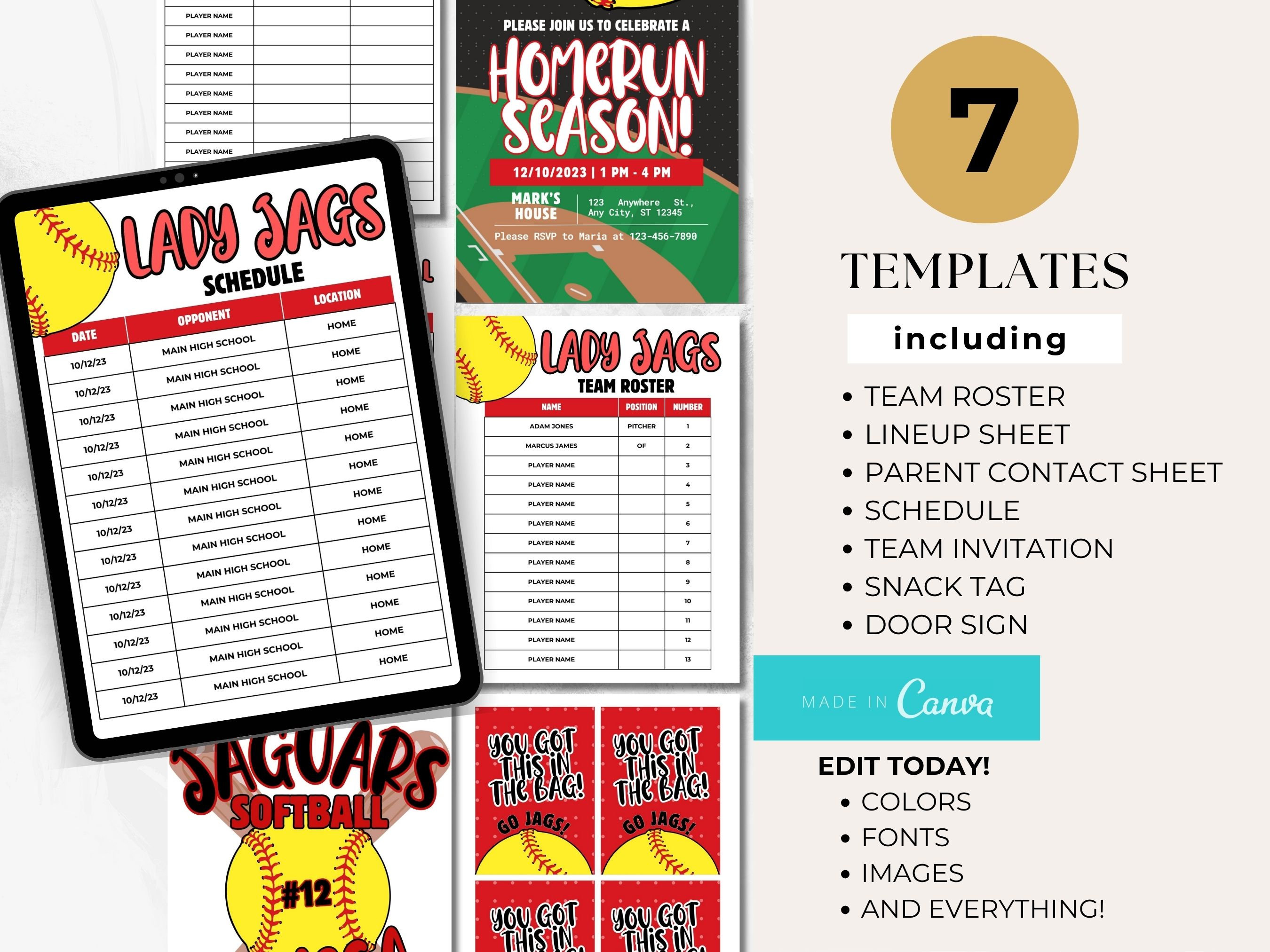Editable Softball Team Template Bundle Softball Schedule Roster Lineup ...