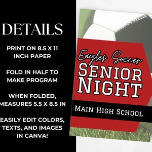 Soccer Senior Night Program Canva Template Senior Game Girls High ...