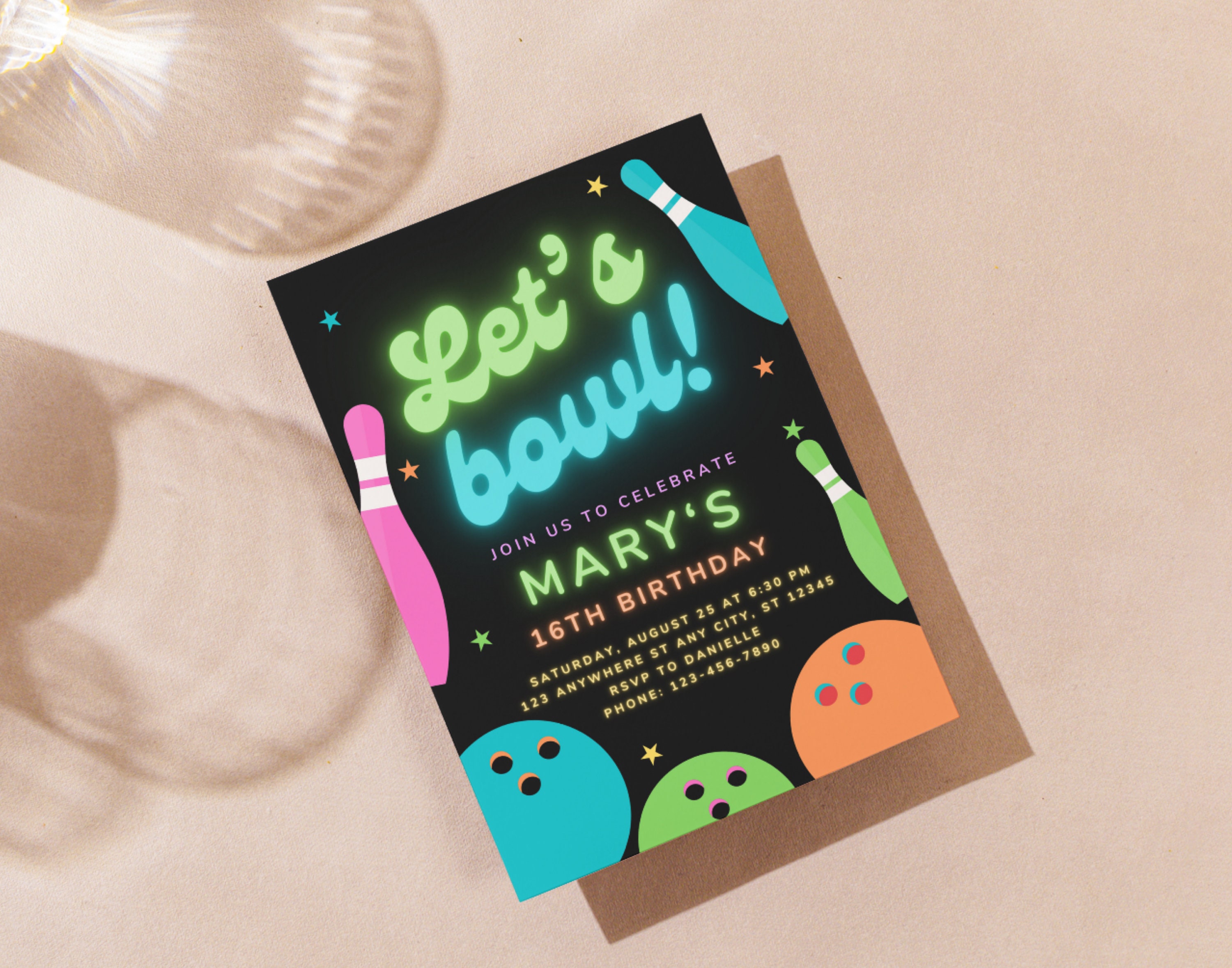 Animated and Printable Bowling Birthday Phone Invitation Neon Bowling ...