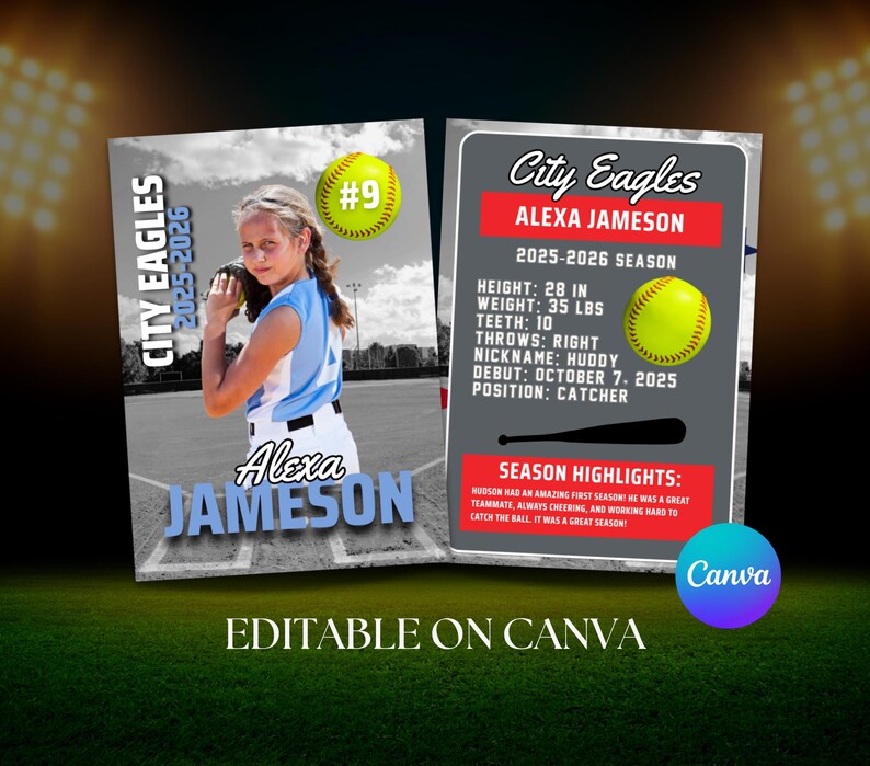 Softball Card Canva Template for Kids Editable Sports Trading Card ...