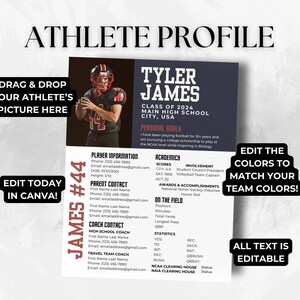 Football Athlete Profile Sheet Photo College Recruiting Editable Canva ...