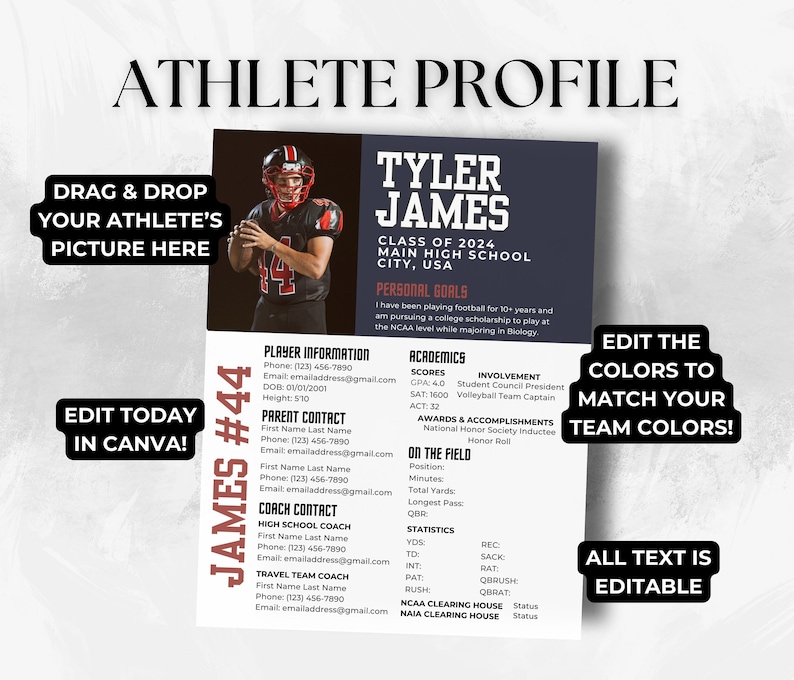 Football Athlete Profile Sheet Photo College Recruiting Editable Canva ...