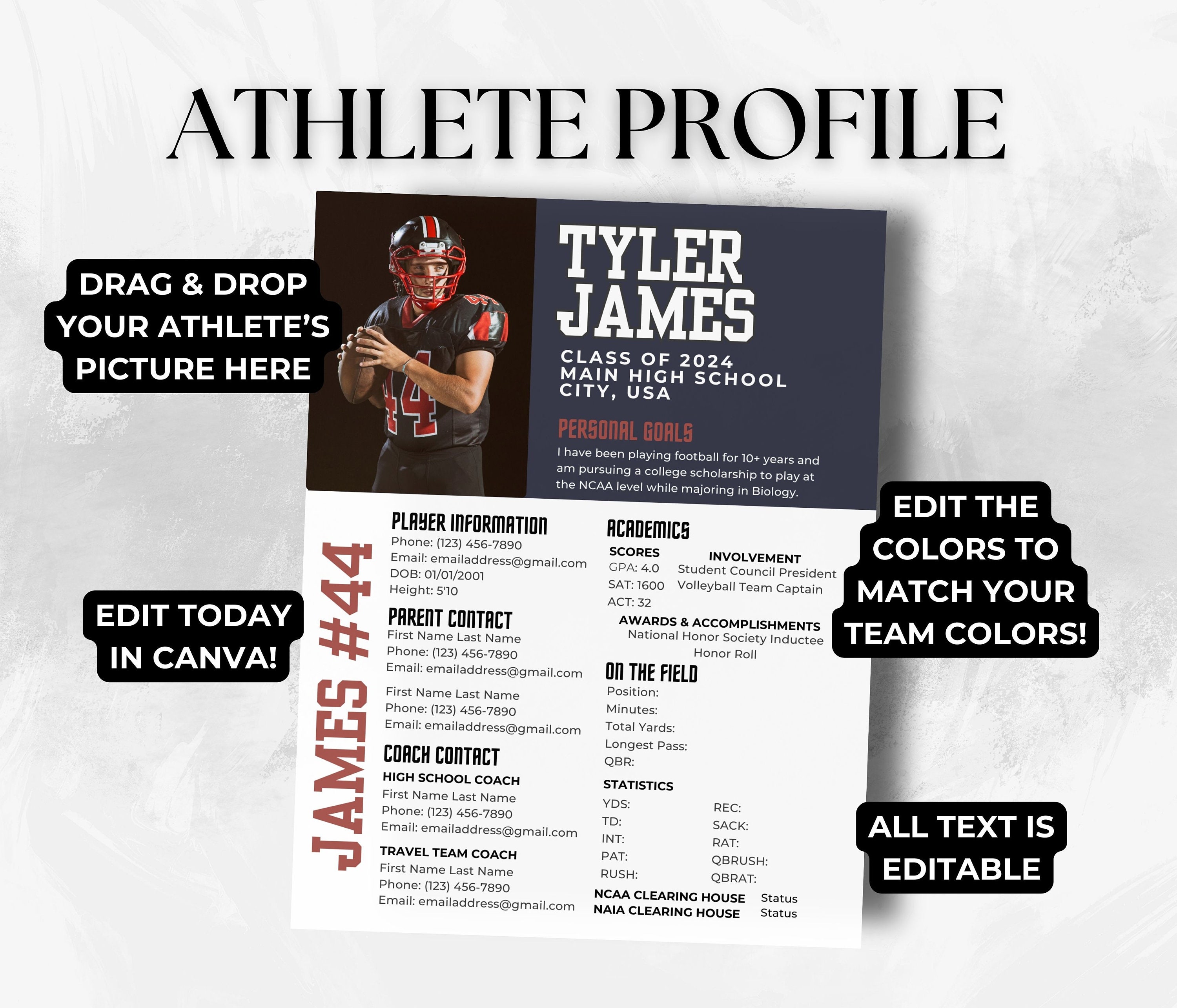 Football Athlete Profile Sheet Photo College Recruiting Editable Canva ...