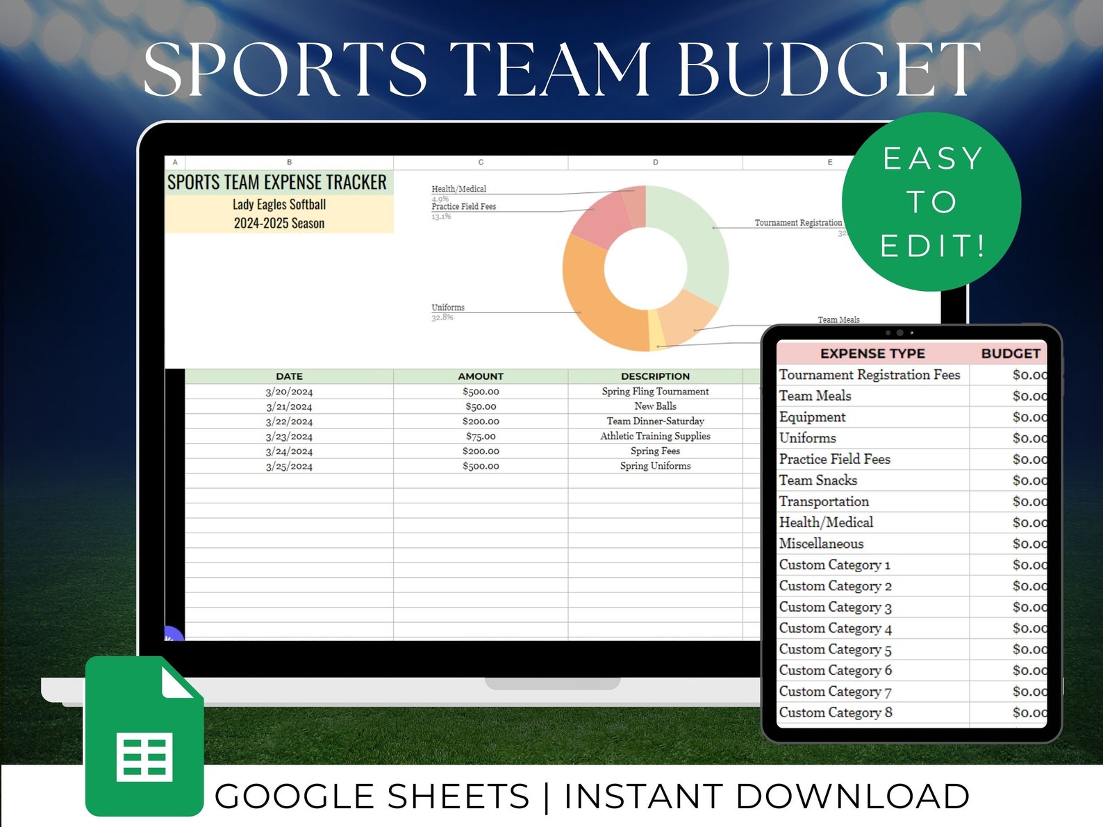 Sports Team Expense Tracker Budget Template Spreadsheet Youth Sports ...