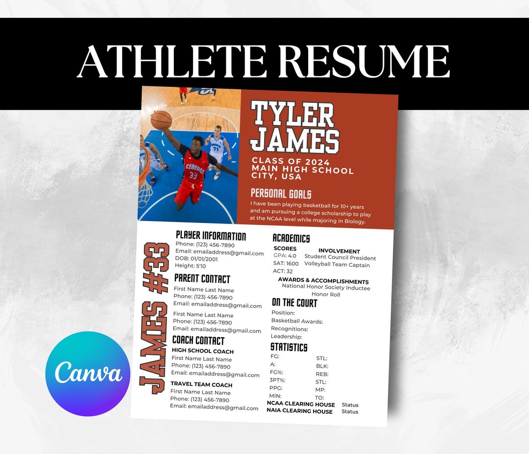 Athlete Resume Profile Sheet Photo College Recruiting Editable Canva ...