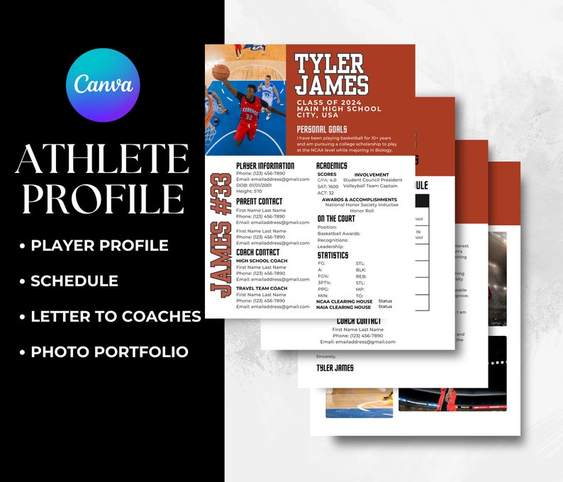 Basketball Athlete Profile Sheet Photo College Recruiting Editable ...