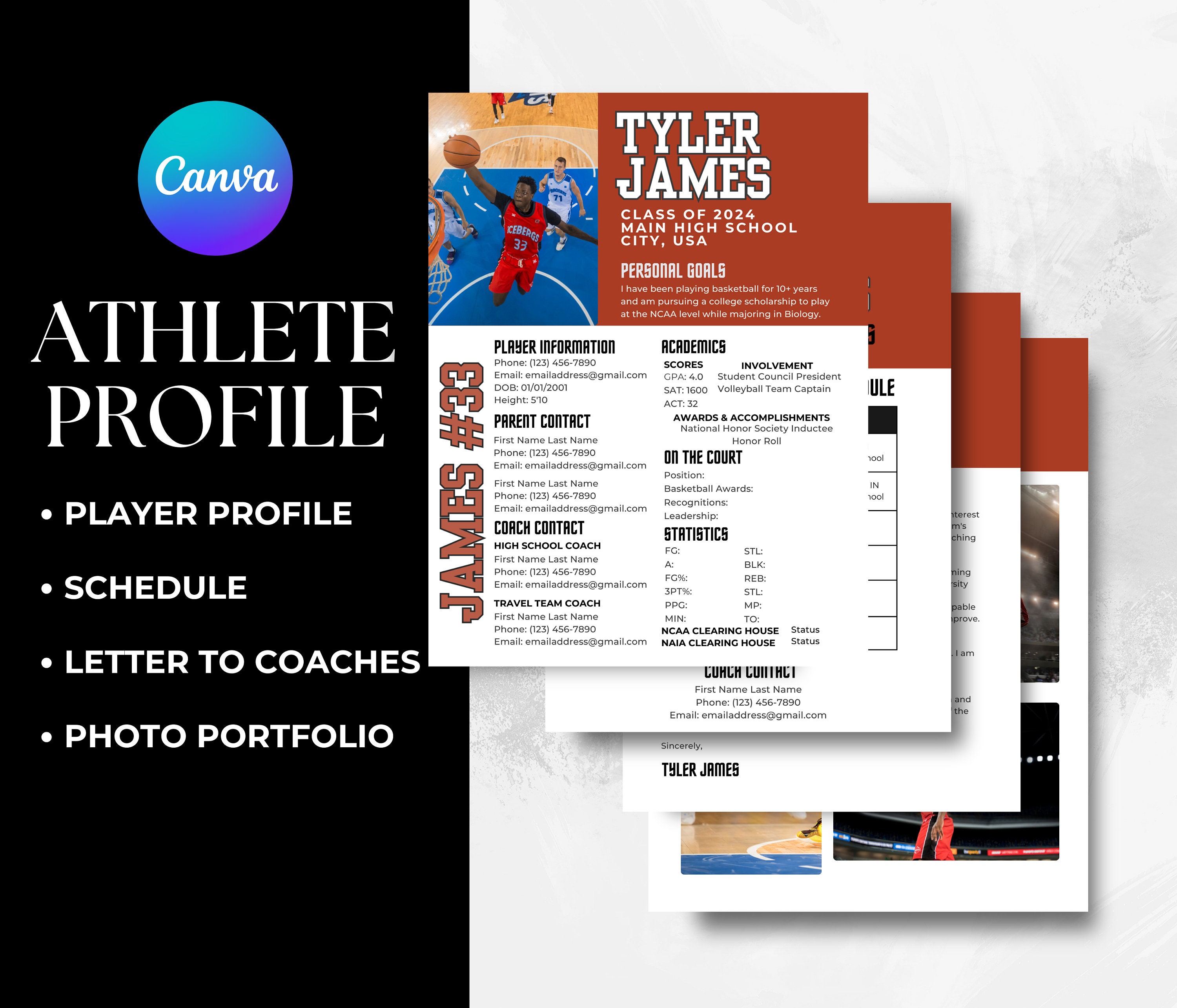 Basketball Athlete Profile Sheet Photo College Recruiting Editable ...