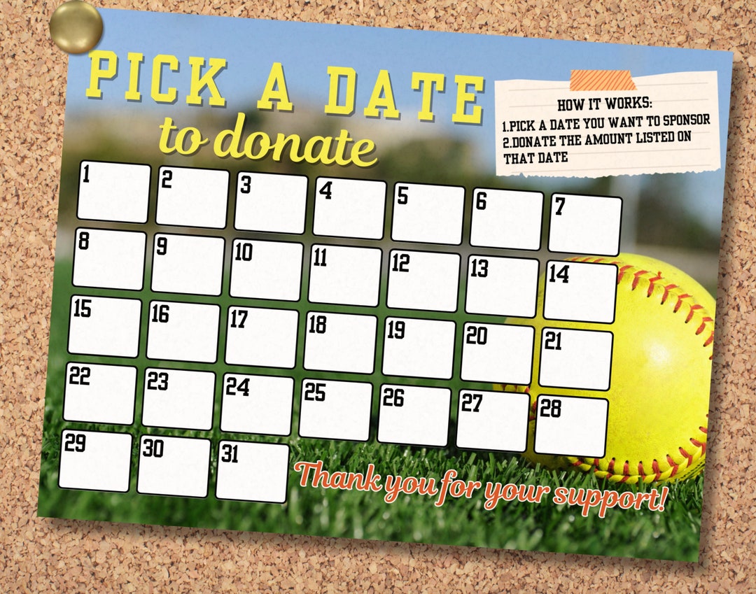 Editable Pick a Date Donation Softball Calendar Canva Template Instant ...