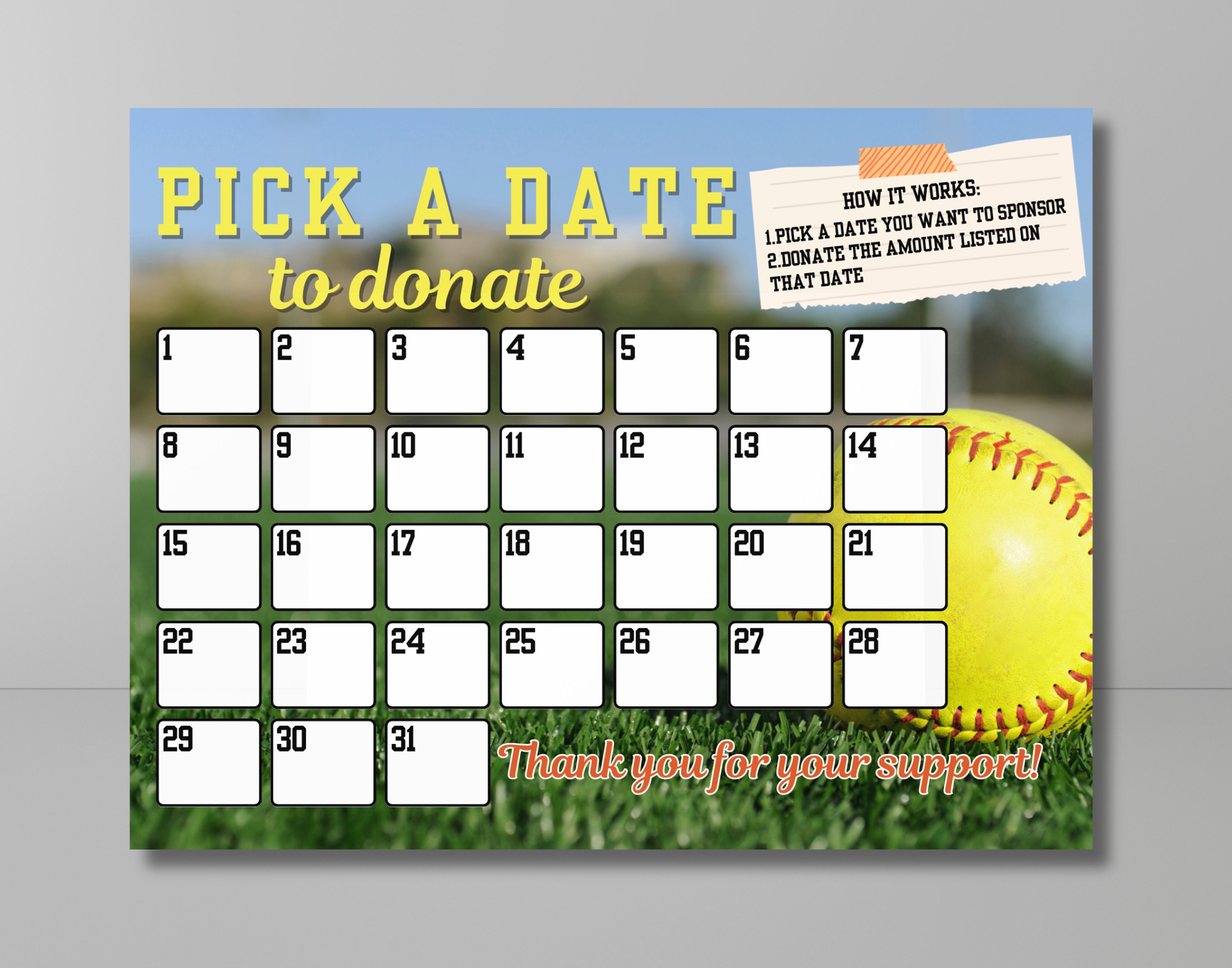 Editable Pick a Date Donation Softball Calendar Canva Template Instant ...