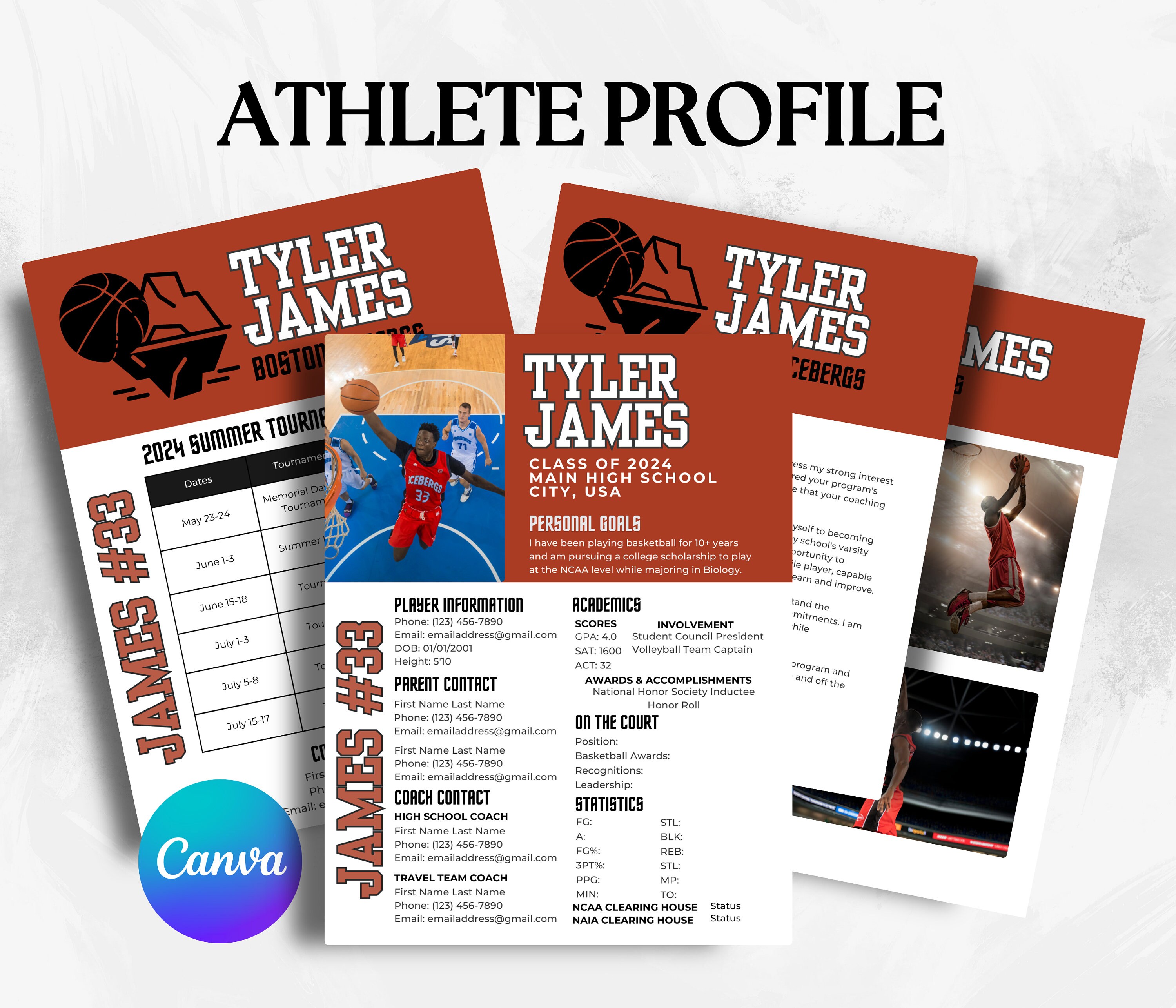 Basketball Athlete Profile Sheet Photo College Recruiting Editable ...