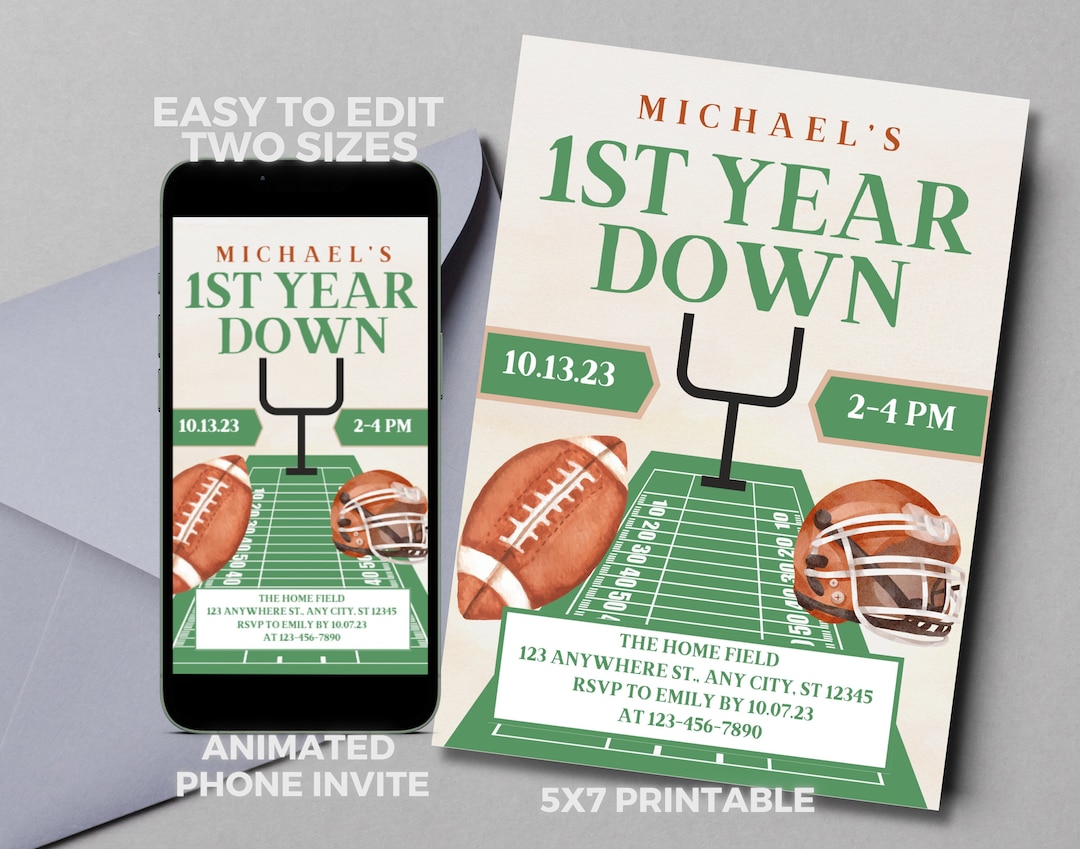 First Year Down Football Party Printable Invitation and Animated Phone ...