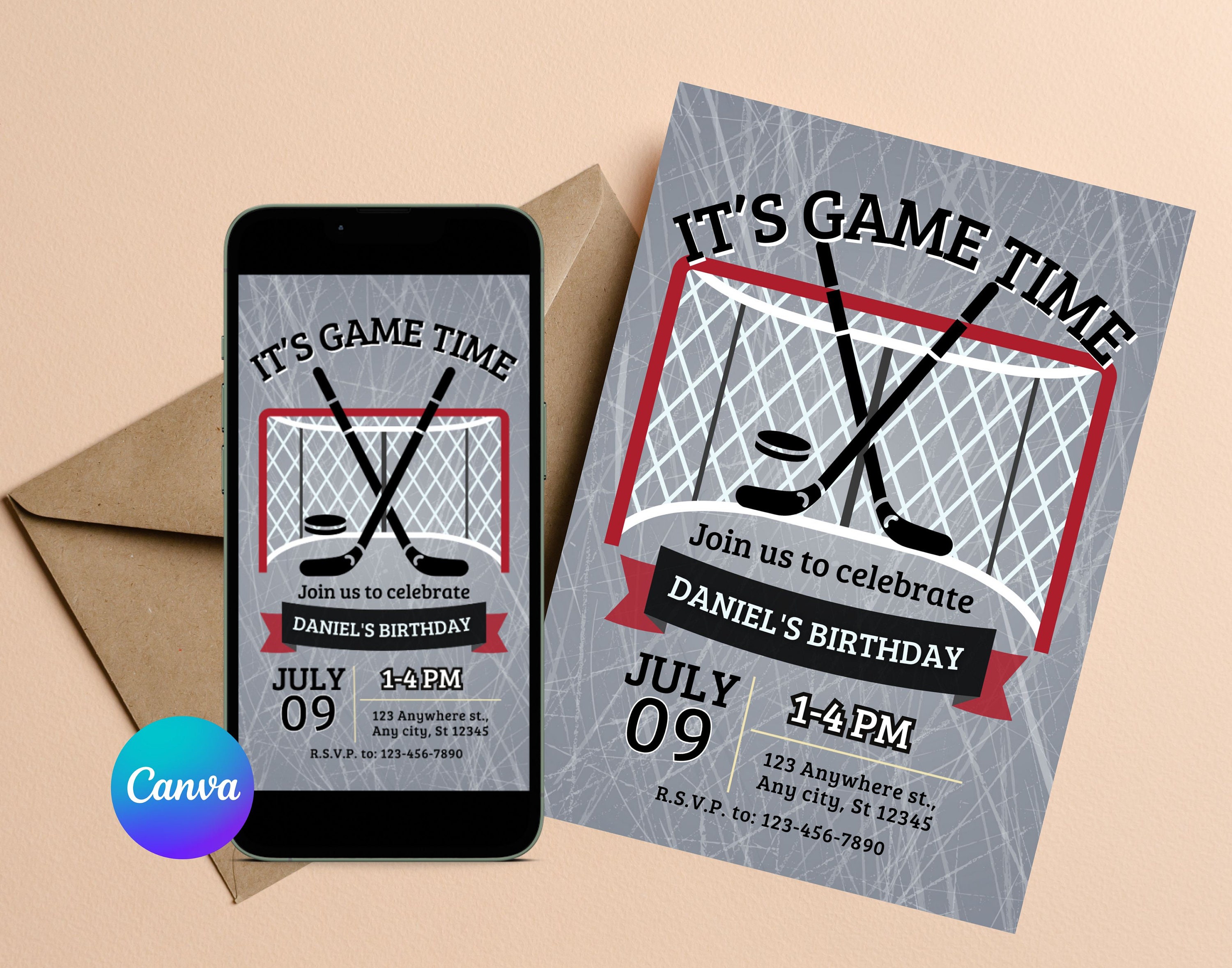 Hockey Birthday Party Invitation Canva Template Printable Kids Ice ...