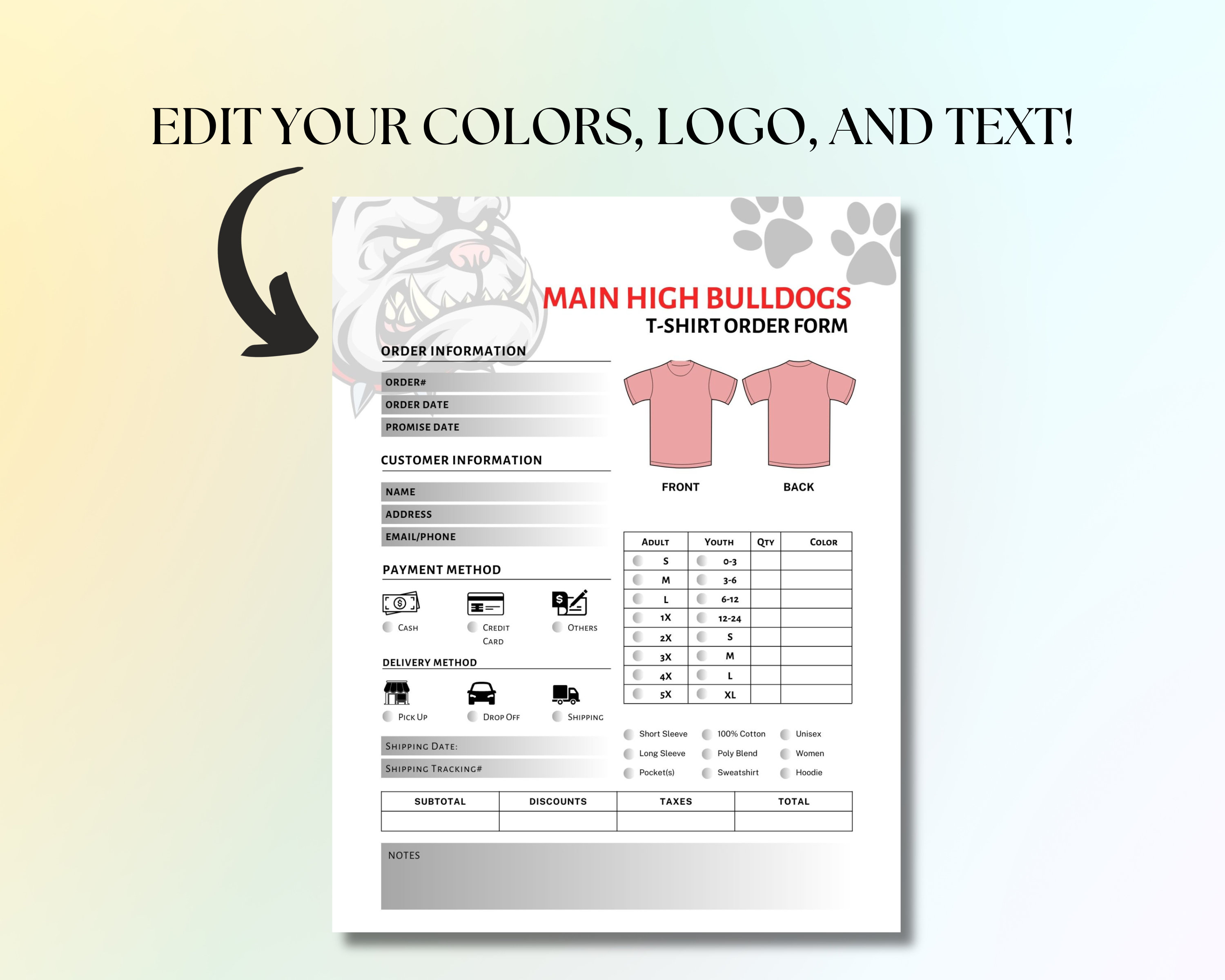 Editable Tshirt Order Form, School T-shirt Order Form, School PTO ...