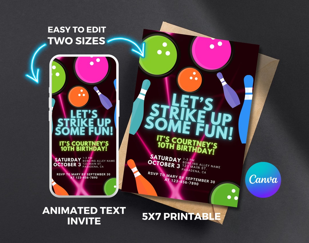 Animated and Printable Bowling Birthday Phone Invitation Neon Bowling ...