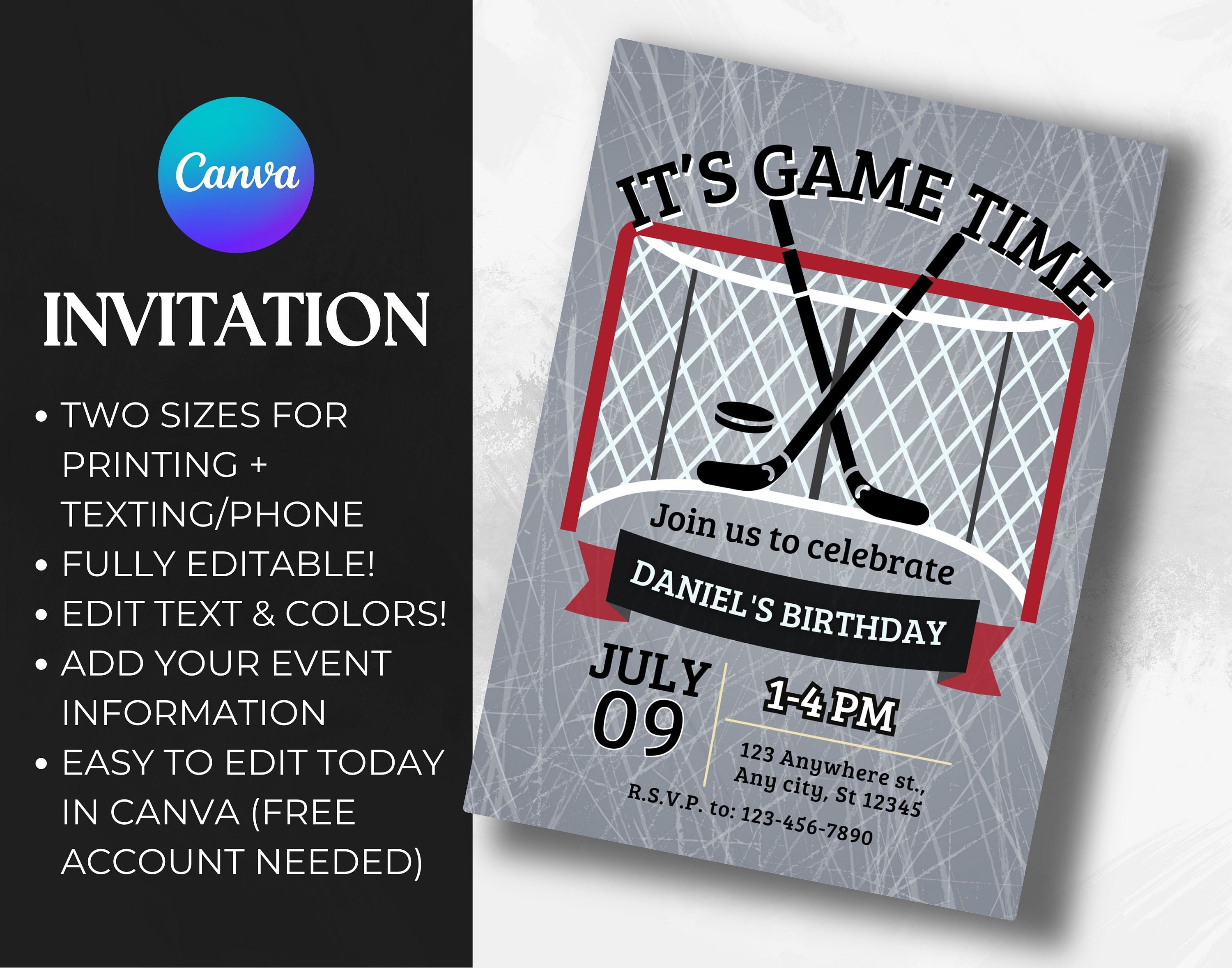 Hockey Birthday Party Invitation Canva Template Printable Kids Ice ...