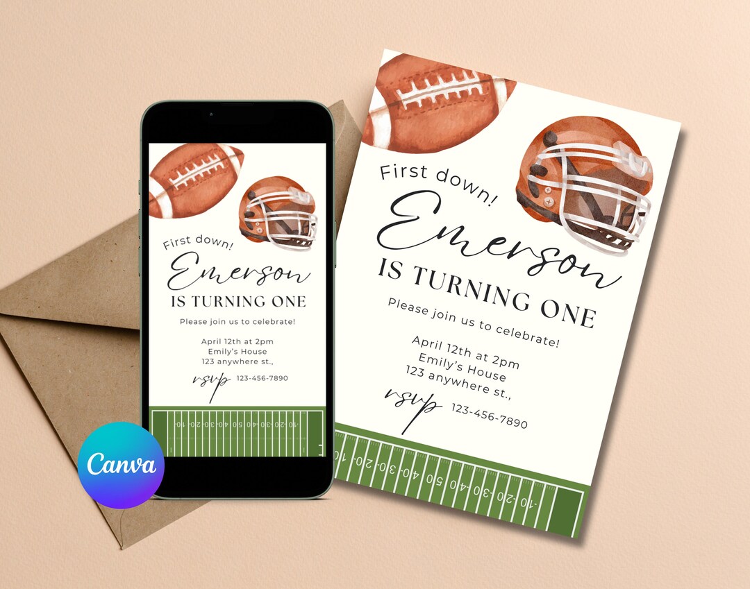 First Year Down Football Party Printable Invitation and Animated Phone ...