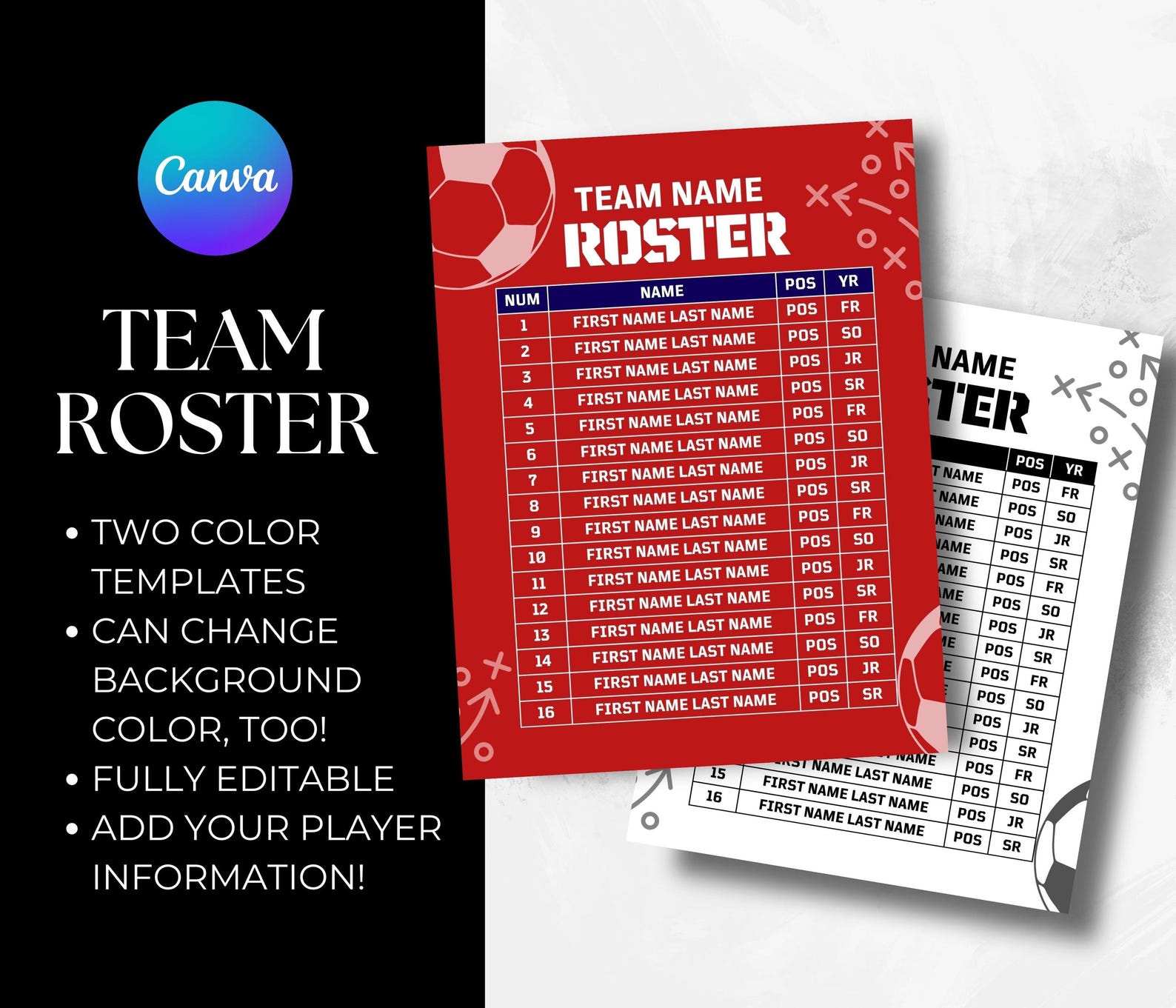 Editable Soccer Team Roster Canva Template Soccer Team Player Roster ...