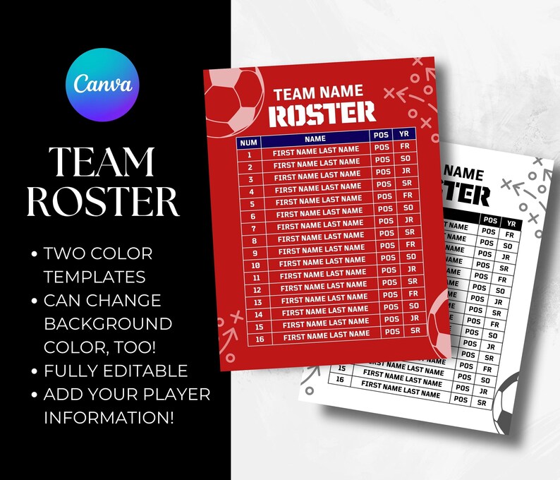 Editable Soccer Team Roster Canva Template Soccer Team Player Roster ...