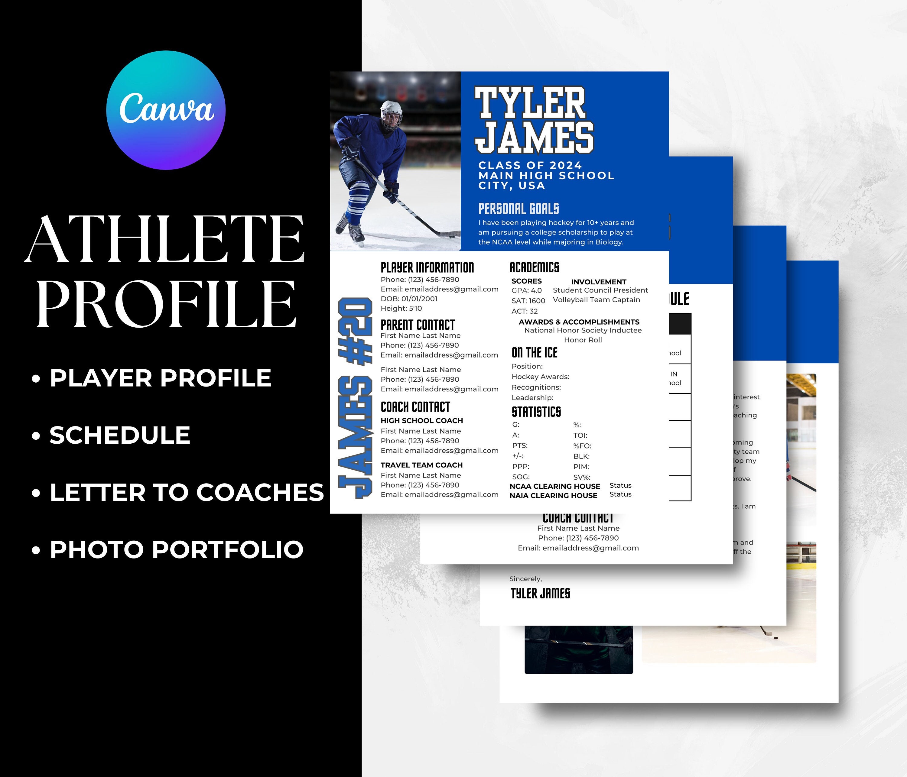 Hockey Athlete Profile Sheet Resume Photo College Recruiting Editable ...