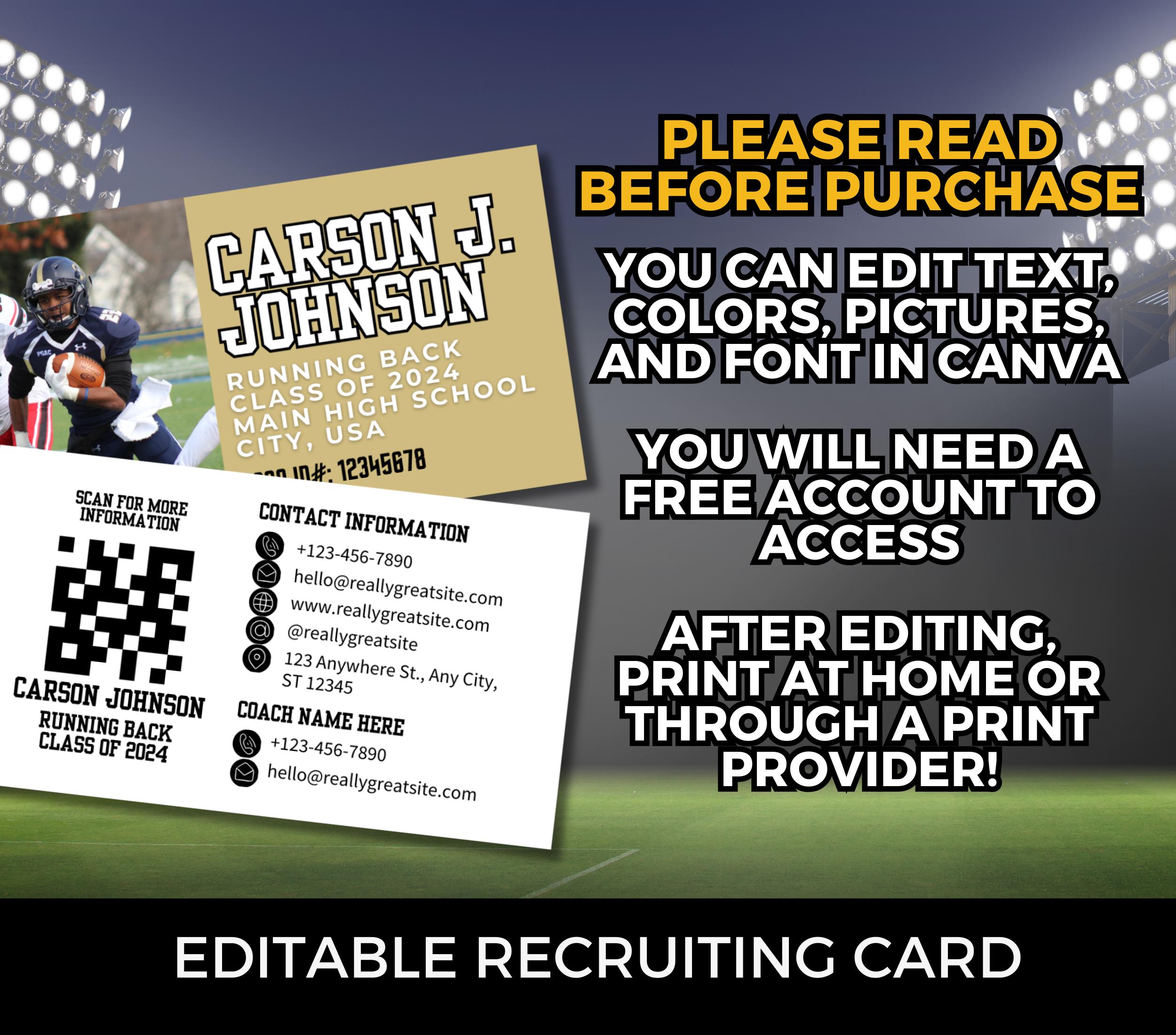 Football Athlete Business Card Canva Template College Recruiting ...