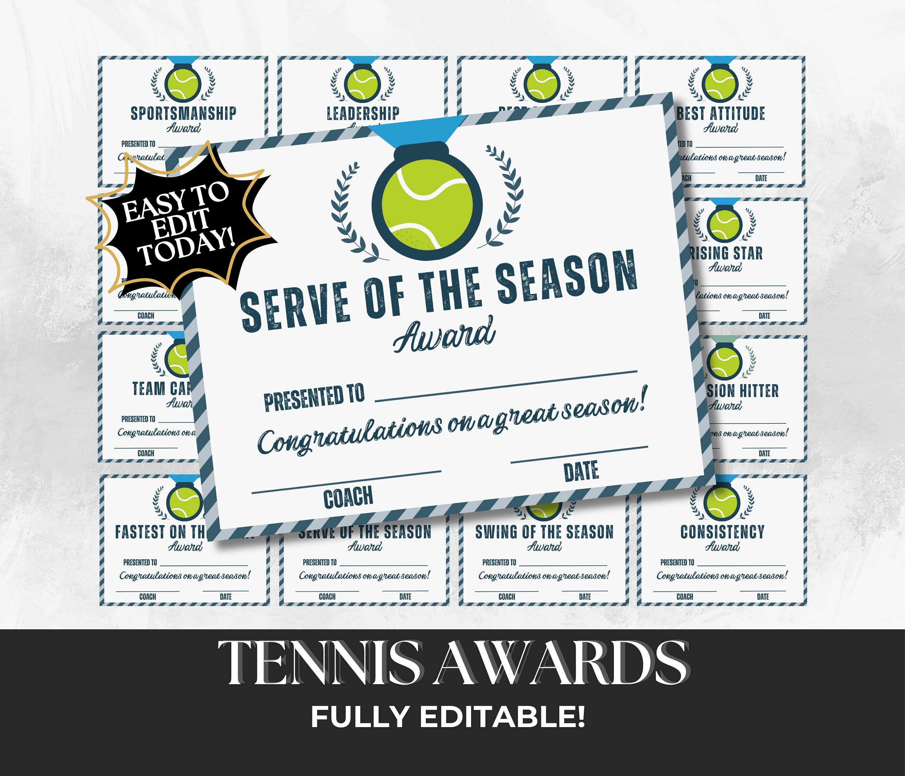 Editable Tennis Award Certificates End of Season Printable Tennis Team ...