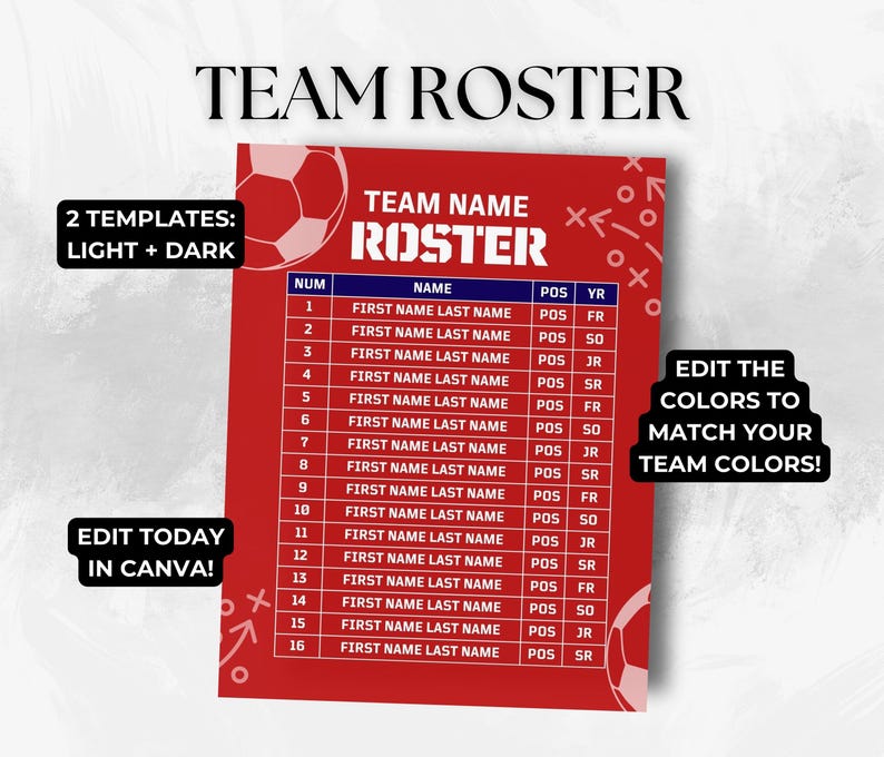 Editable Soccer Team Roster Canva Template Soccer Team Player Roster ...