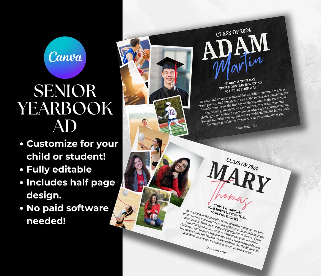 Senior Yearbook HALF PAGE Ad Canva Template High School Graduate ...