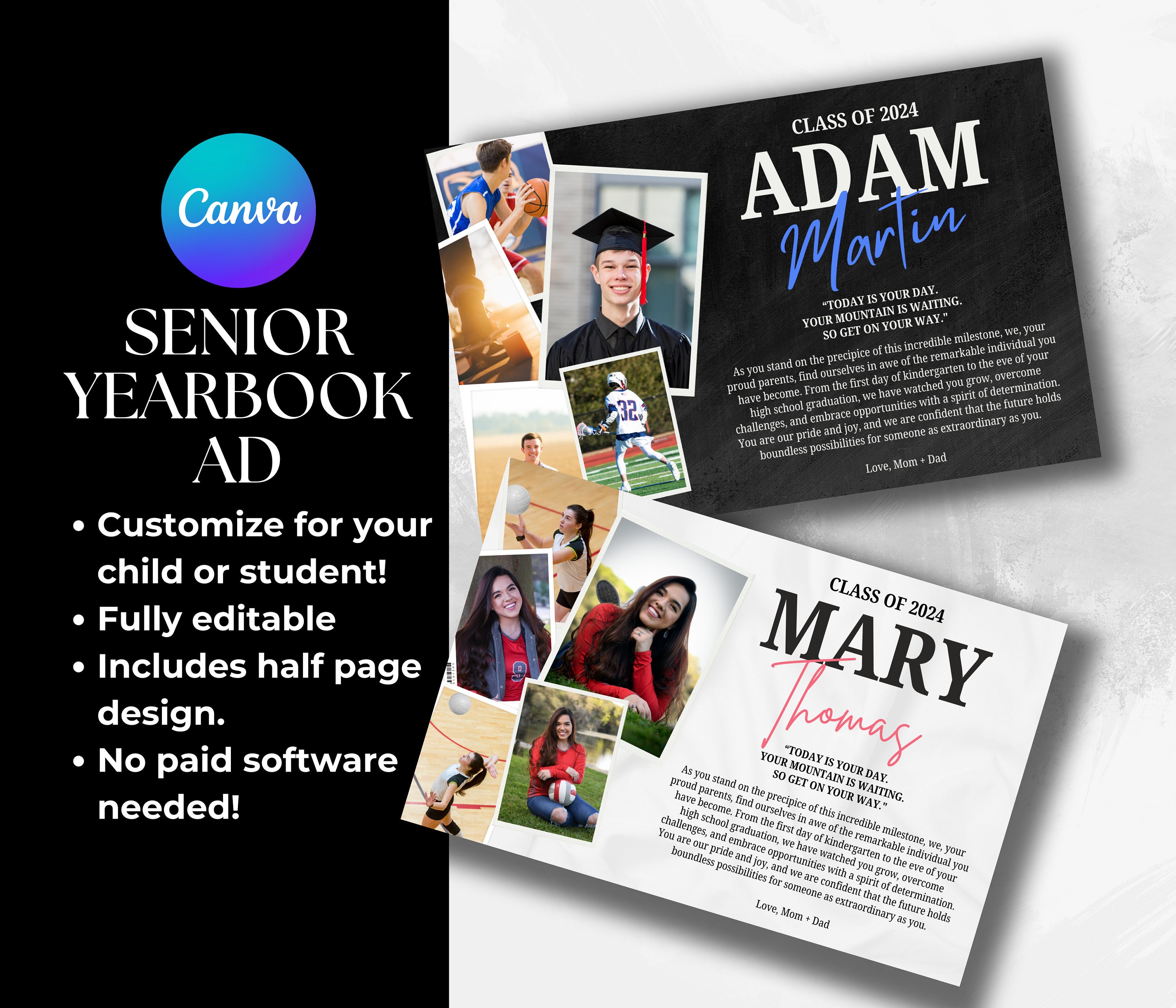 Senior Yearbook HALF PAGE Ad Canva Template High School Graduate ...