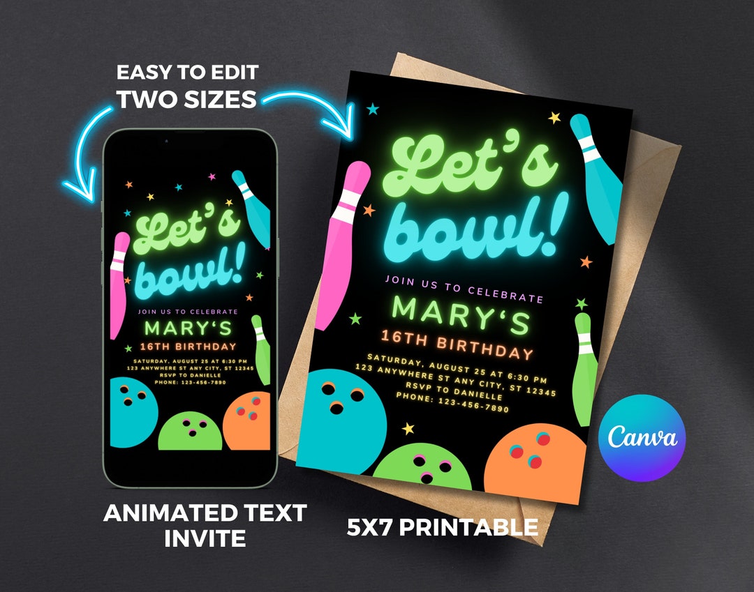 Animated and Printable Bowling Birthday Phone Invitation Neon Bowling ...