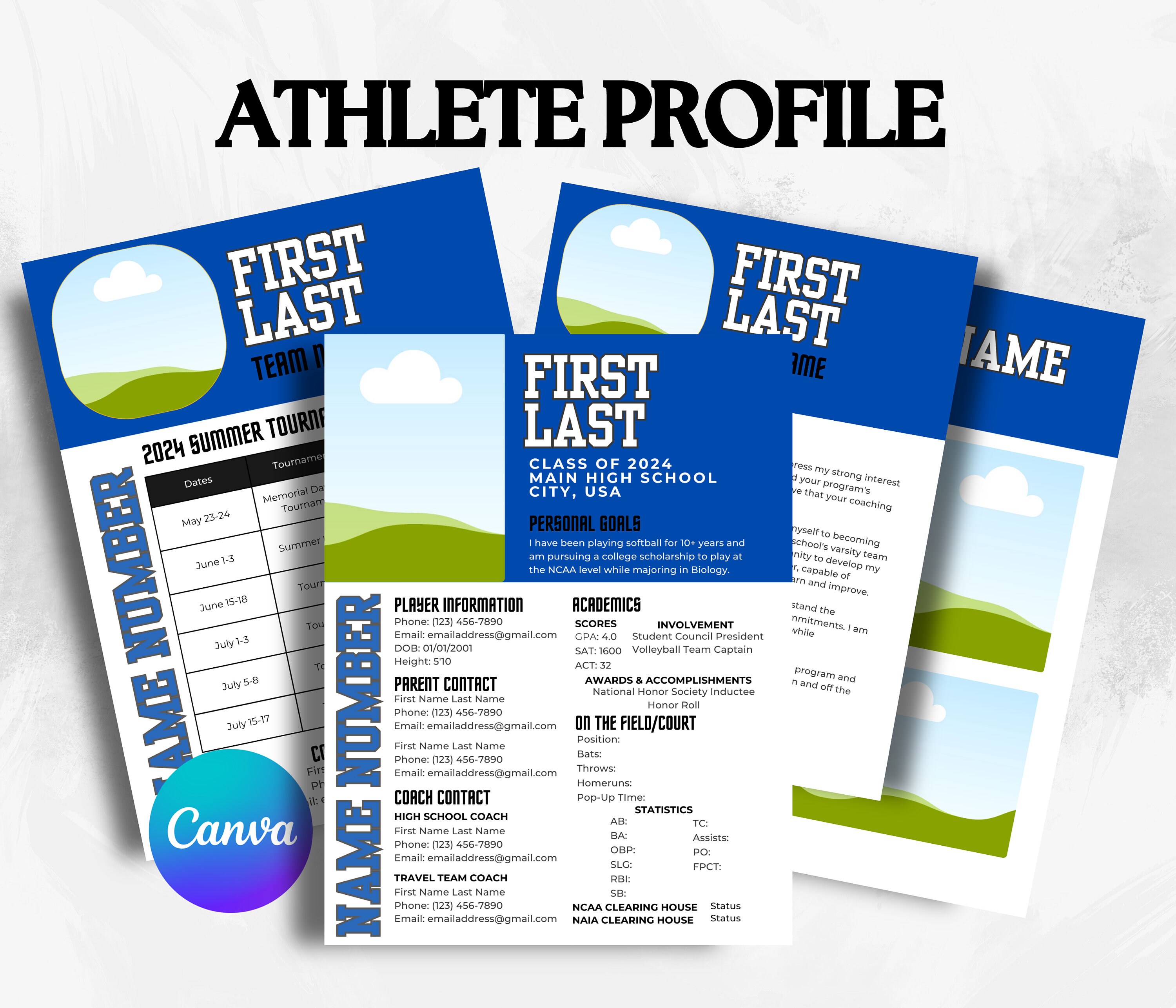 Athlete Template Profile Sheet Photo College Recruiting Editable Canva ...
