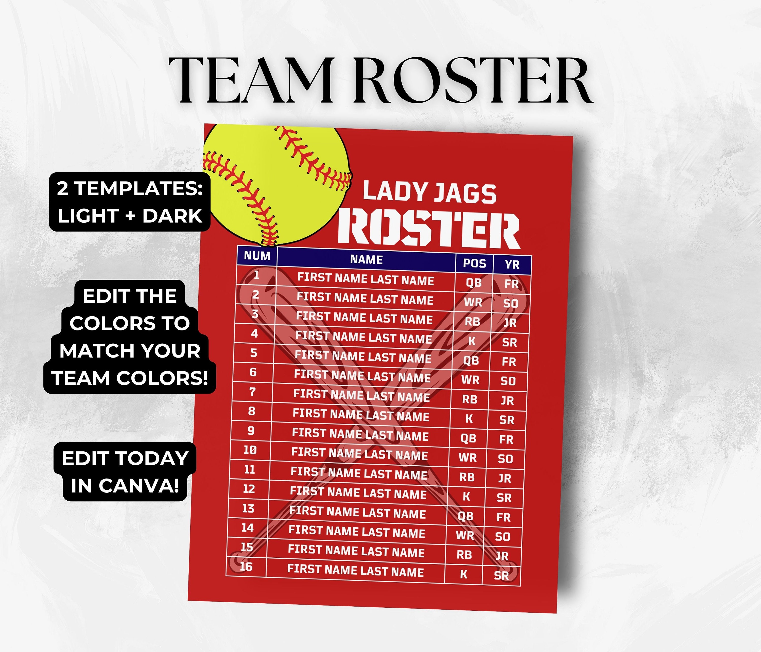 Editable Softball Team Roster Canva Template Softball Team Player ...