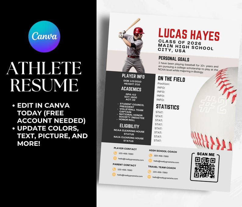 Baseball Athlete Profile Sheet Photo College Recruiting Editable Canva ...